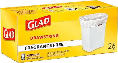 Glad Medium Drawstring Trash Bags, 8 Gallon, White, Fragrance Free, 26 Count, Pack May Vary