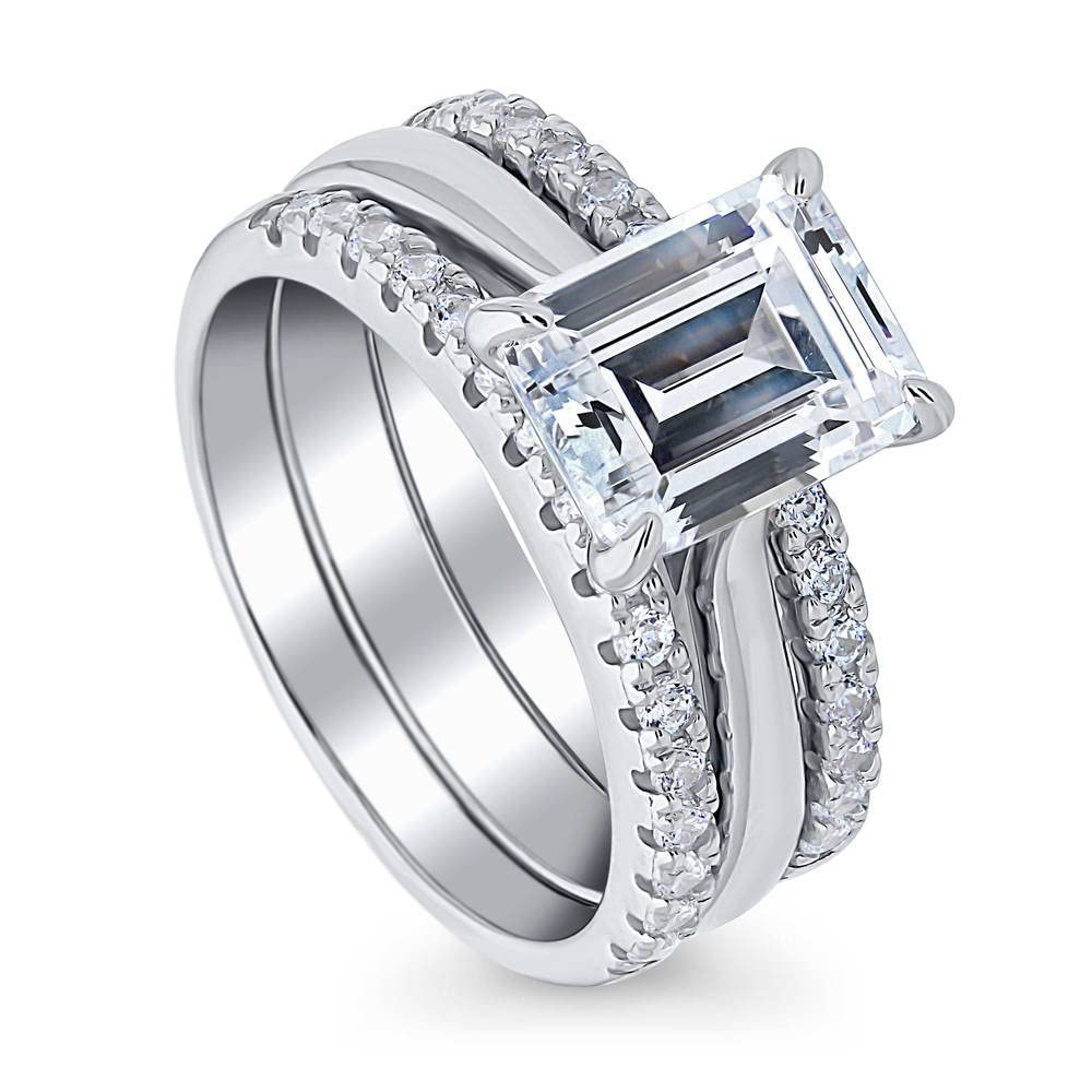 BERRICLE Sterling Silver Solitaire Wedding Engagement Rings 2.6 Carat Emerald Cut Cubic Zirconia CZ Ring Set for Women, Rhodium Plated Size 9