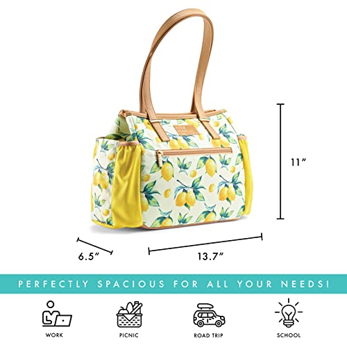 Fit & Fresh Copley Adult Insulated Lunch Bag with Side Pouches & Carry Handles, Complete Lunch Kit Includes Matching Tumbler & Salad Kit, Lemons