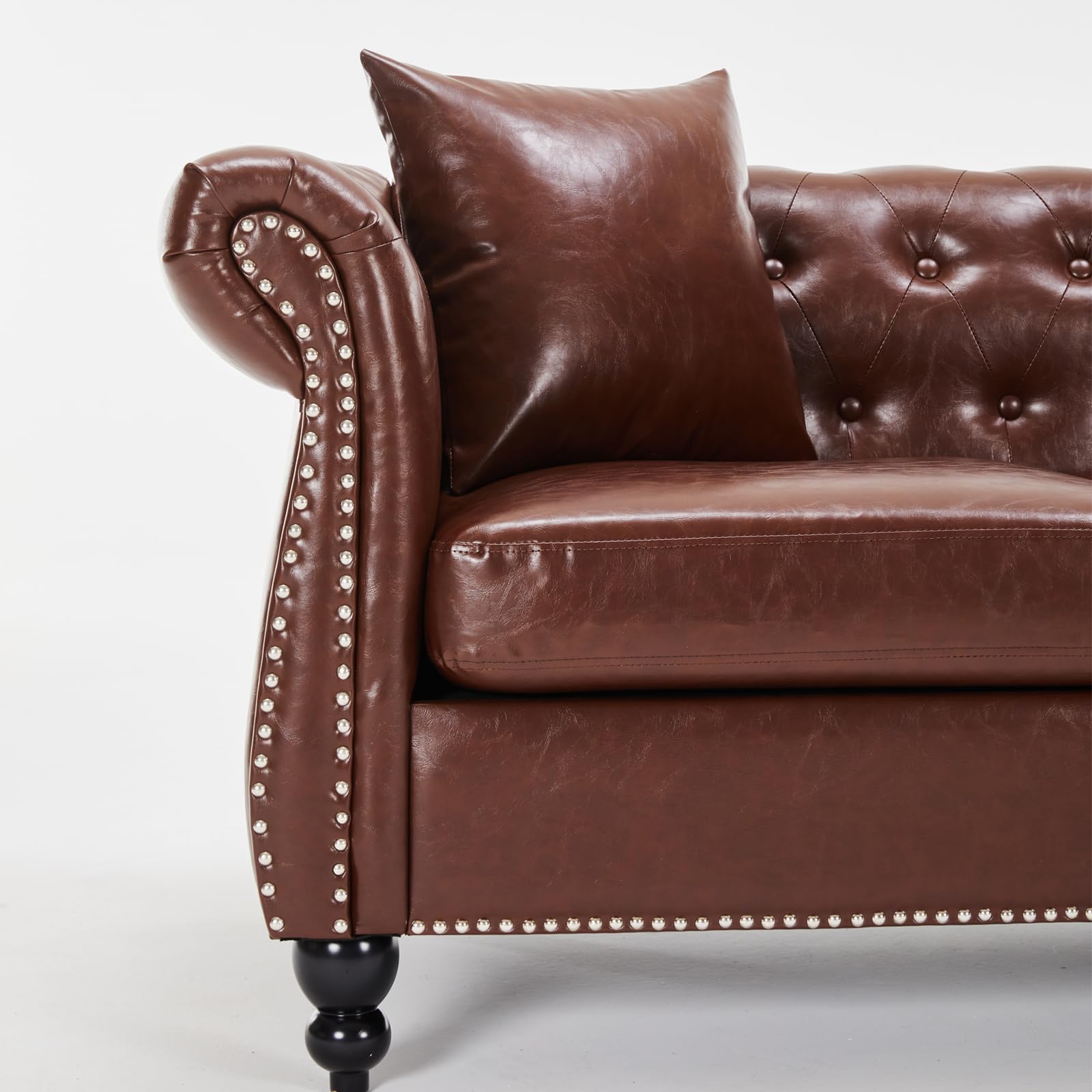 Chesterfield Sofa 83.4 " Faux Leather Couches with Gourd Wooden Legs, Deep Seat Comfy 3-Seater Upholstered Couch Button Nailhead Tufted Classic Couches for Living Room,Bedroom Easy to Assemble (Brown)