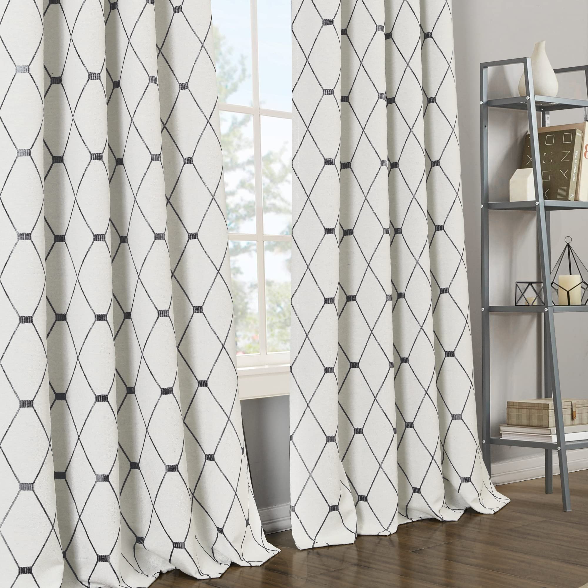Joywell Cream Linen Textured Curtains 84 inches Long for Living Room Embroidered Farmhouse Window Curtain Grommet Drapes 2 Panels Heavy Cotton Curtains Black Checkered Pattern on Beige