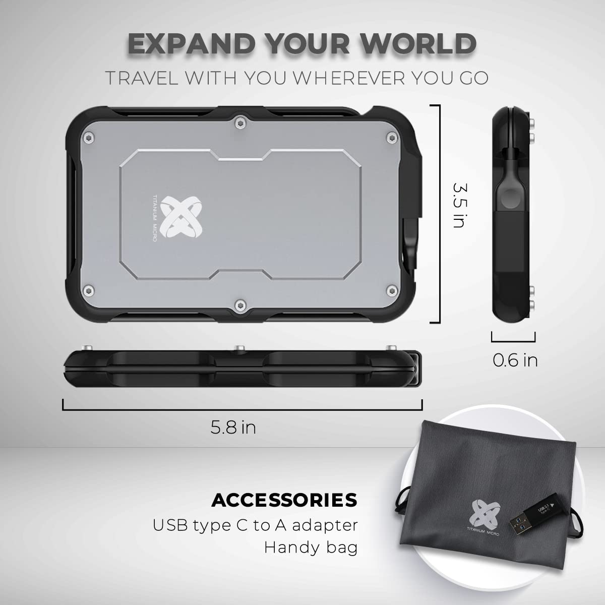 Titanium Micro 2TB External SSD, Titanium One Portable SSD - Up to 500MB/s, USB 3.2 Gen 2 USB-C USBA, Rugged IP66 Water Resistance, Drop Proof, External Solid State Drive Storage for PC Mac Smartphone