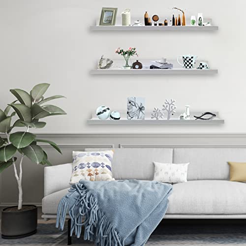 Goizxol, Floating Shelves Set of 3, Wall Mounted Wood Shelves for Decor Storage, White Floating Shelves for Living Room, Bedroom, Kitchen, Bathroom (White, 36inch)