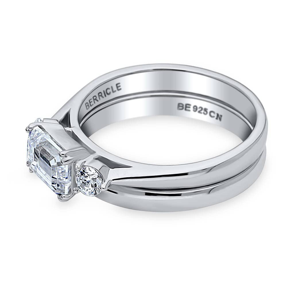 BERRICLE Sterling Silver 3-Stone Wedding Engagement Rings Emerald Cut Cubic Zirconia CZ East-West Ring Set for Women, Rhodium Plated Size 4.5