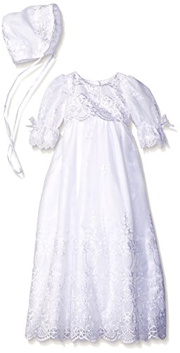 Swea Pea & Lilli Long White Embroidered Organza Baby Girl Christening Baptism Special Occasion Newborn Dress Gown with Matching Hat - L (12-18 Month, 18-22 lbs)