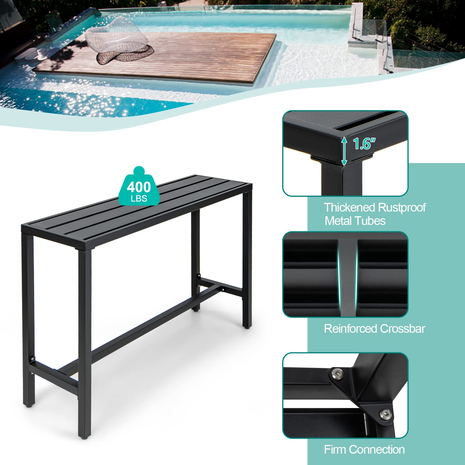 COSTWAY 3 Piece Outdoor Patio Bar Set, 48" Rectangular Pub Height High Top Bar Table with 2 Cushioned Bar Stools, Metal Bar Table and Chairs Set for Balcony, Backyard, Porch