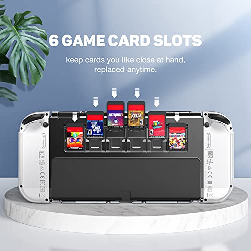MoKo Case Compatible with Nintendo Switch OLED Model 2021, PC Protective Accessories Cover Case with 6 Game Card Slots and 6 Thumb Caps & 2 Tempered Glass Screen Protectors, Clear+Blue