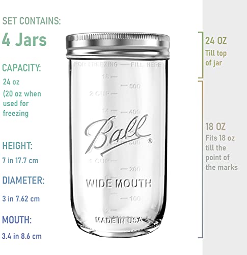 BHL JARS Mason Jars Wide Mouth 24 oz Bundle with Non Slip Jar Opener brand Set of 4 Mason Jars - Canning Glass Jars with Lids and Bands