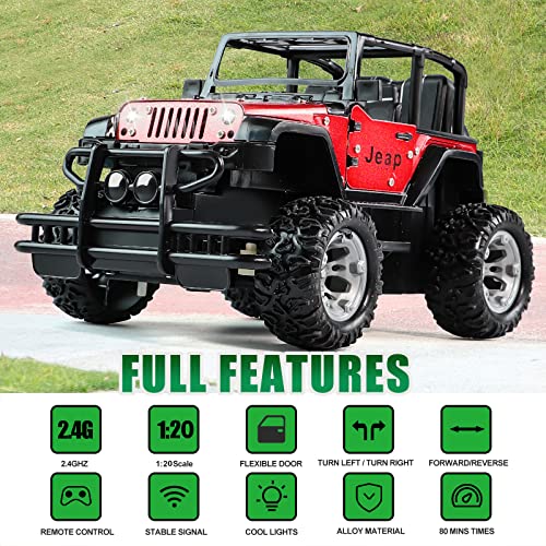 bibisash 1:20 Scale Remote Control Car, Non-Slip Off-Road Toy Car with Friction Powered Wheels & Openable Doors, RC Jeep Toy for Kids & Children (Red)