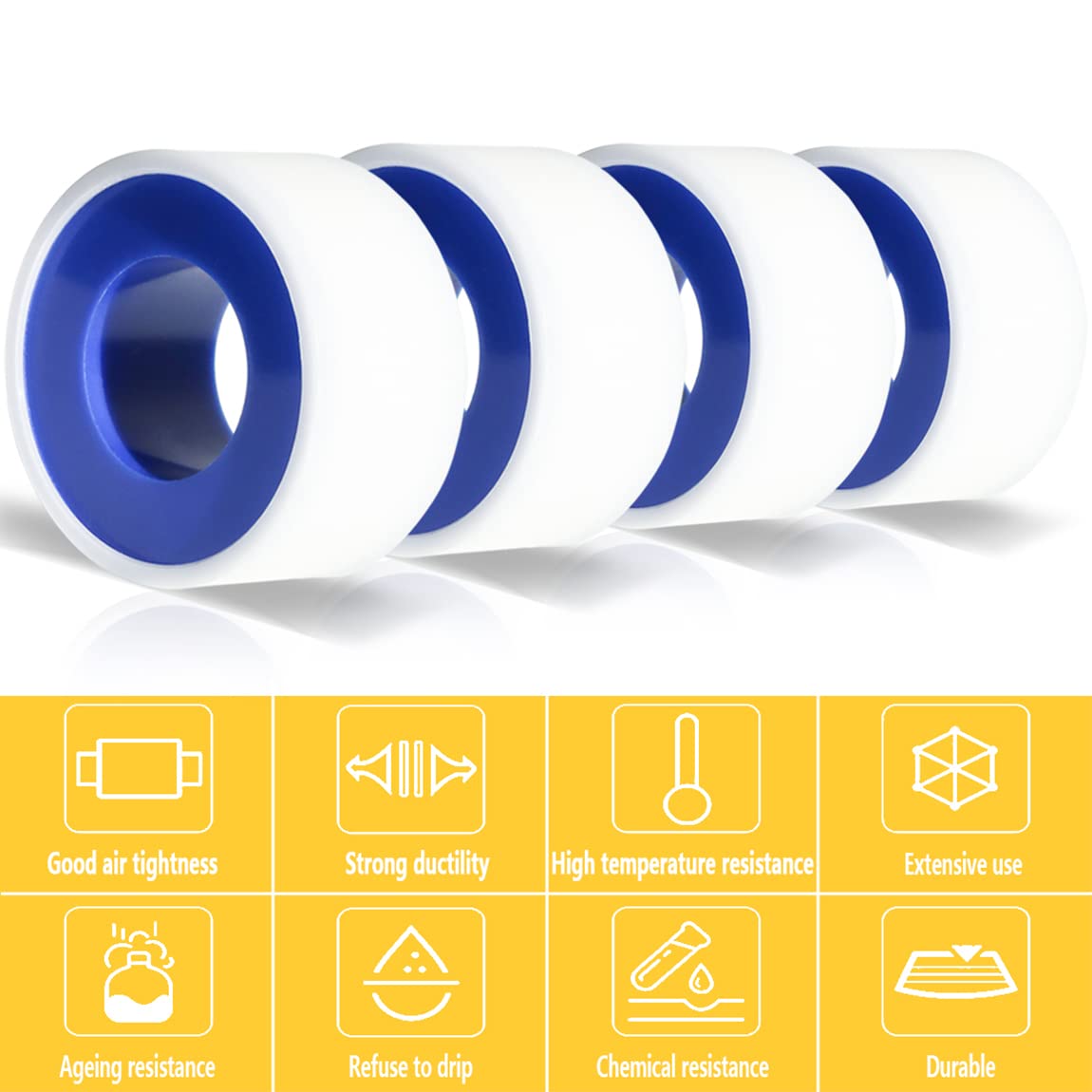 VOTMELL 4 Rolls 3/4 Inch(W) X 520 Inches(L) Teflon Tape,for Plumbers Tape,Plumbing Tape,PTFE Tape,Thread Tape,Plumber Tape for Shower Head,Pipe Sealing,Thread Seal,White