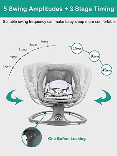 Baby Bouncer Baby Cradle Portable Swing Infant Motorized Adjustable Rocker with Bluetooth Music Speaker and 5 Swaying Gears Preset Lullabies and Smooth Remote Control (Grey)