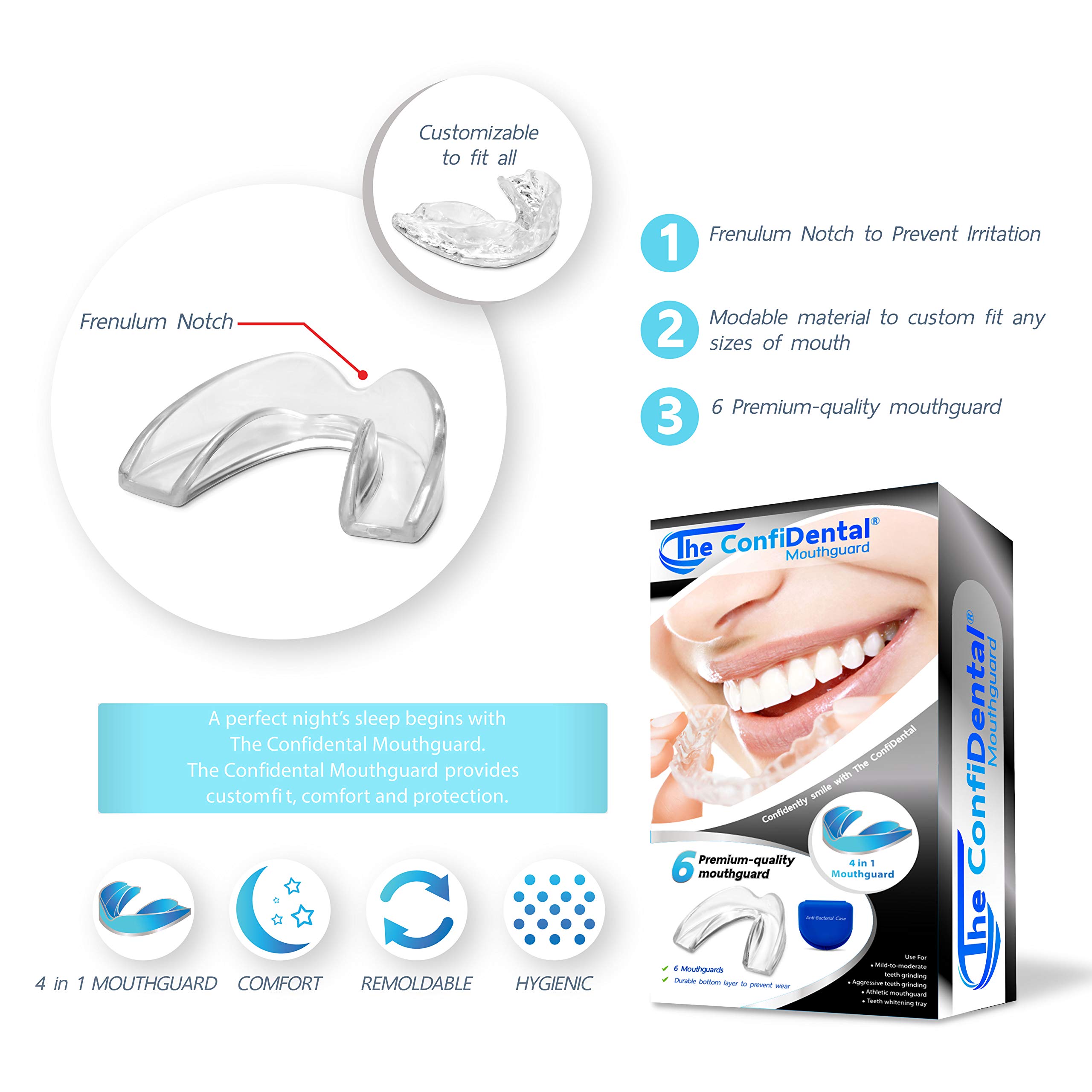 The ConfiDental - Pack of 6 Moldable Mouth Guard for Teeth Grinding Clenching Bruxism, Sport Athletic, Whitening Tray