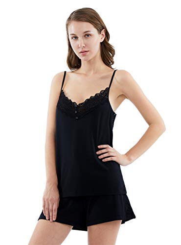 Femofit Pajamas Set for Women Lace Cami Tops and Shorts Cotton Modal Lingerie Soft Sleepwear Pjs (Black,M)