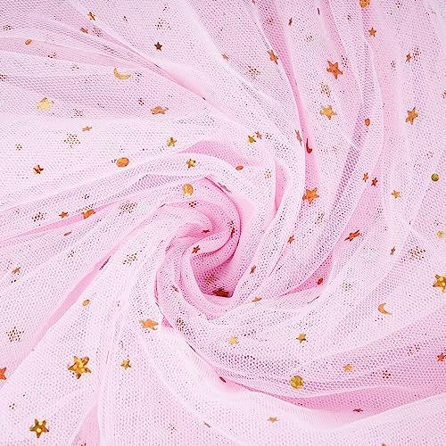 Gold Glitter Sequin Tulle Fabric Star Moon Tutu Skirt Dress Sewing, 63" x 11 Yard Birthday Ribbon Wedding Veil Backdrop Decoration Gauze