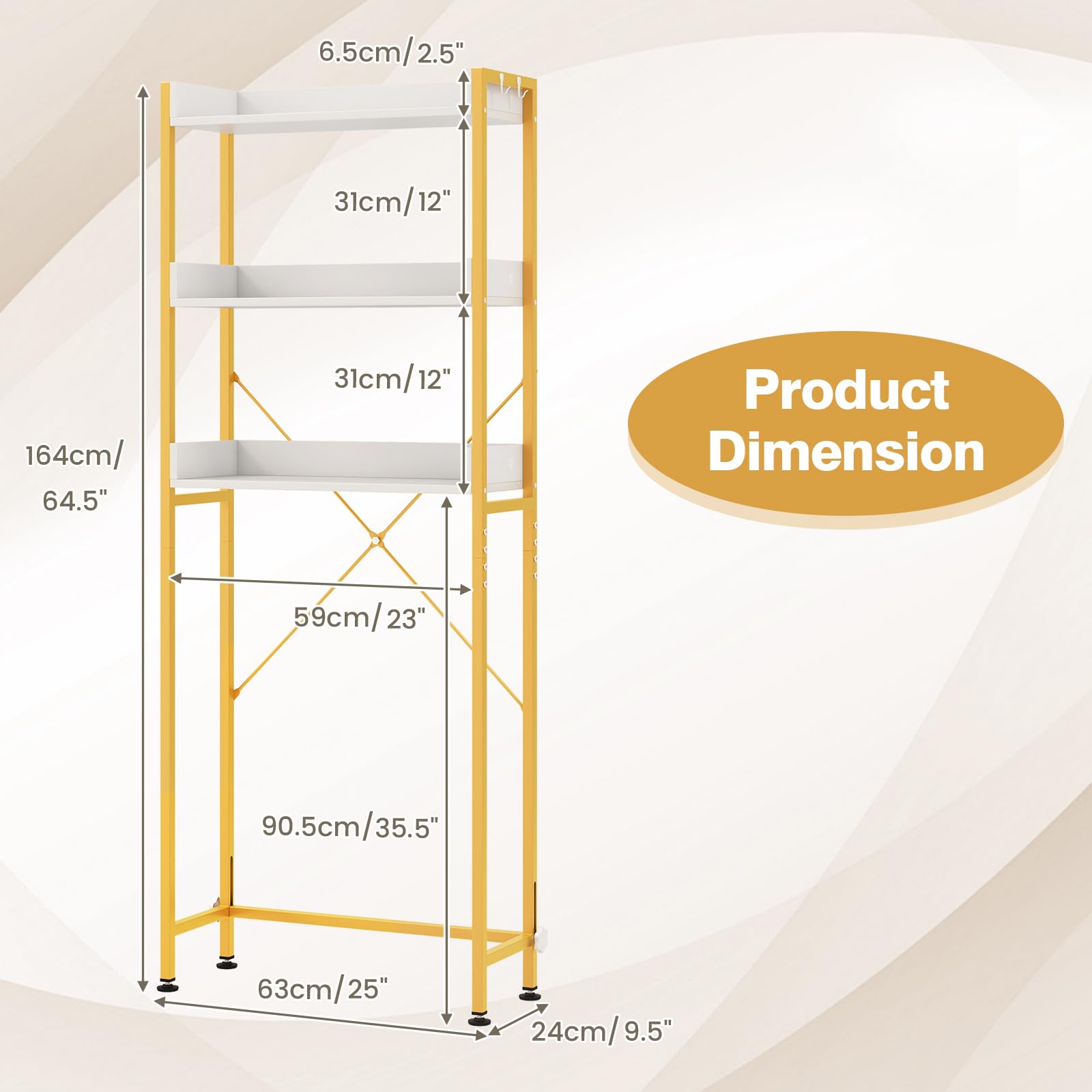 Giantex Over The Toilet Storage Rack, 3-Tier Bathroom Space Saver Organizer with Adjustable Bottom Bar to Fit Most Toilets, Freestanding Above Toilet Storage Rack, Easy Assembly (White + Gold)