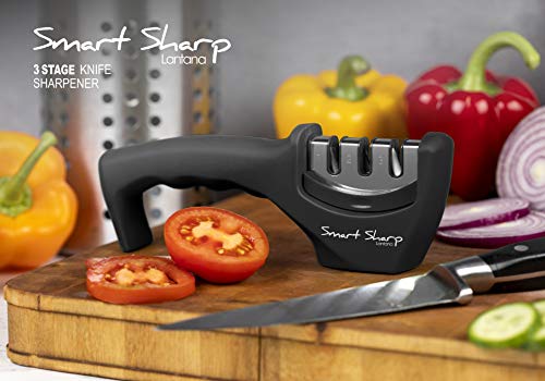 Lantana Smart Sharp Knife Sharpener - Professional 3 Stage Manual Sharpener for Sharpening Kitchen Knives - Ceramic Stone, Tungsten Carbide Plates, Diamond rods. Ergonomic Design, Black/Chrome Finish