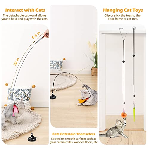 HOSFROLL Cat Toys, 2 Pack 3 in 1 Interactive Cat Toy for Indoor Cats with Sticky Super Suction Cup Detachable 10 Pcs Replacements Feathers Balls Mice 2 Wand Hanging Door Kitten Toys