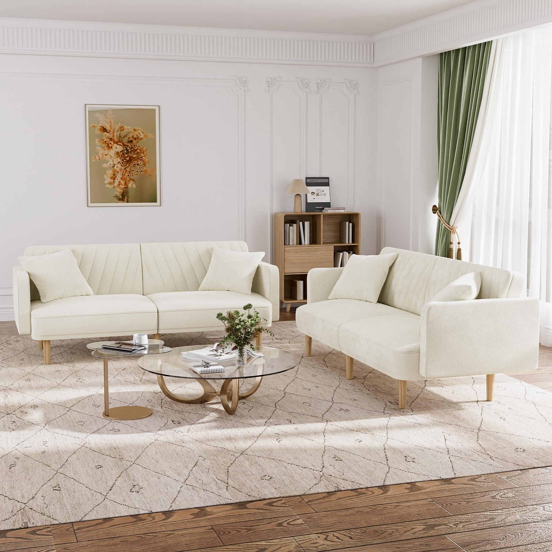 OUYESSIR Futon Sofa Bed, 75.3", Couch, Small Sofa, Sleeper Sofa, Loveseat, Mid Century Modern Velvet Futon Couch with 2 Pillows for Living Room (Beige White Velvet, Futon)
