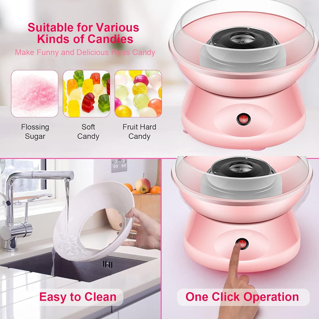 Cotton Candy Machine for Kids, Portable Mini Electric Cotton Candy Makers with 450W Efficient Electric Heating, DIY Sweet Cotton Candy Maker Includes Sugar Spoon and Bamboo Sticks (Pink)