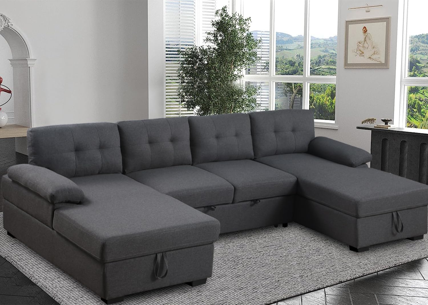 Beaugreen Modern Modular Sofa Couch, Dark Grey - Sectional Sleeper with Pull Out Bed, Double Storage Chaise, 4 Seater
