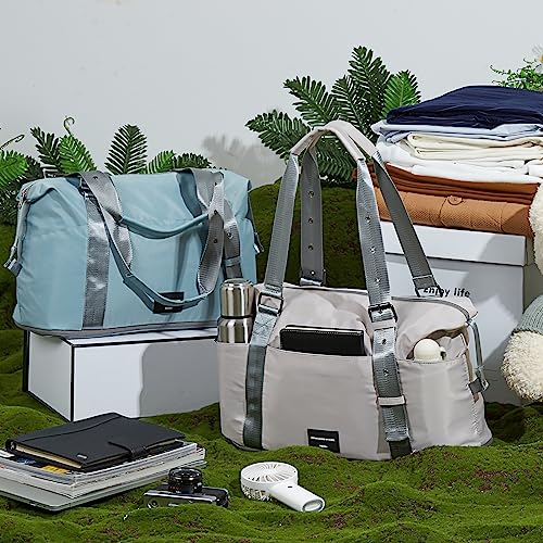 Hanke Expandable Tote Bag Foldable Duffle Bag for Travel Carry on Weekend Bag for Women with Adjustable Shoulder Strap Gym Bag for Men Garment Bag.(Dune Grey)