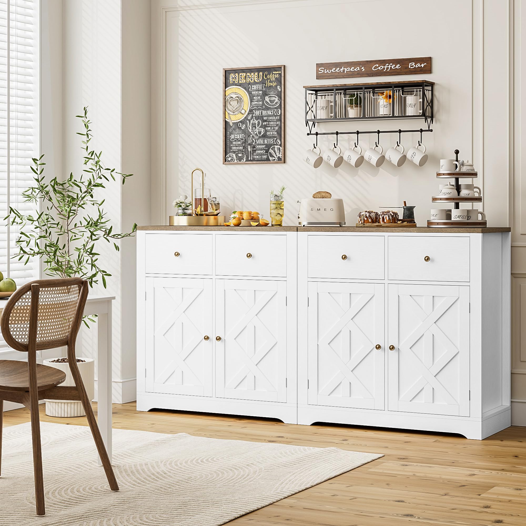 FOTOSOK Kitchen Sideboard Buffet Cabinet, 34'' H Farmhouse Kitchen Storage Cabinet with Drawers and Adjustable Shelves, Modern Coffee Bar Cabinet for Kitchen, Dining Room, Bathroom, Entryway, White