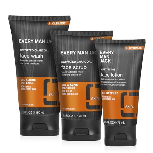 Every Man Jack Oil and Acne Defense Skin Care Set -Three Full-Size, Fragrance Free Skin Care Essentials For a Complete Routine - Activated Charcoal Face Wash, Activated Charcoal Face Scrub, and Mattifying Face Lotion