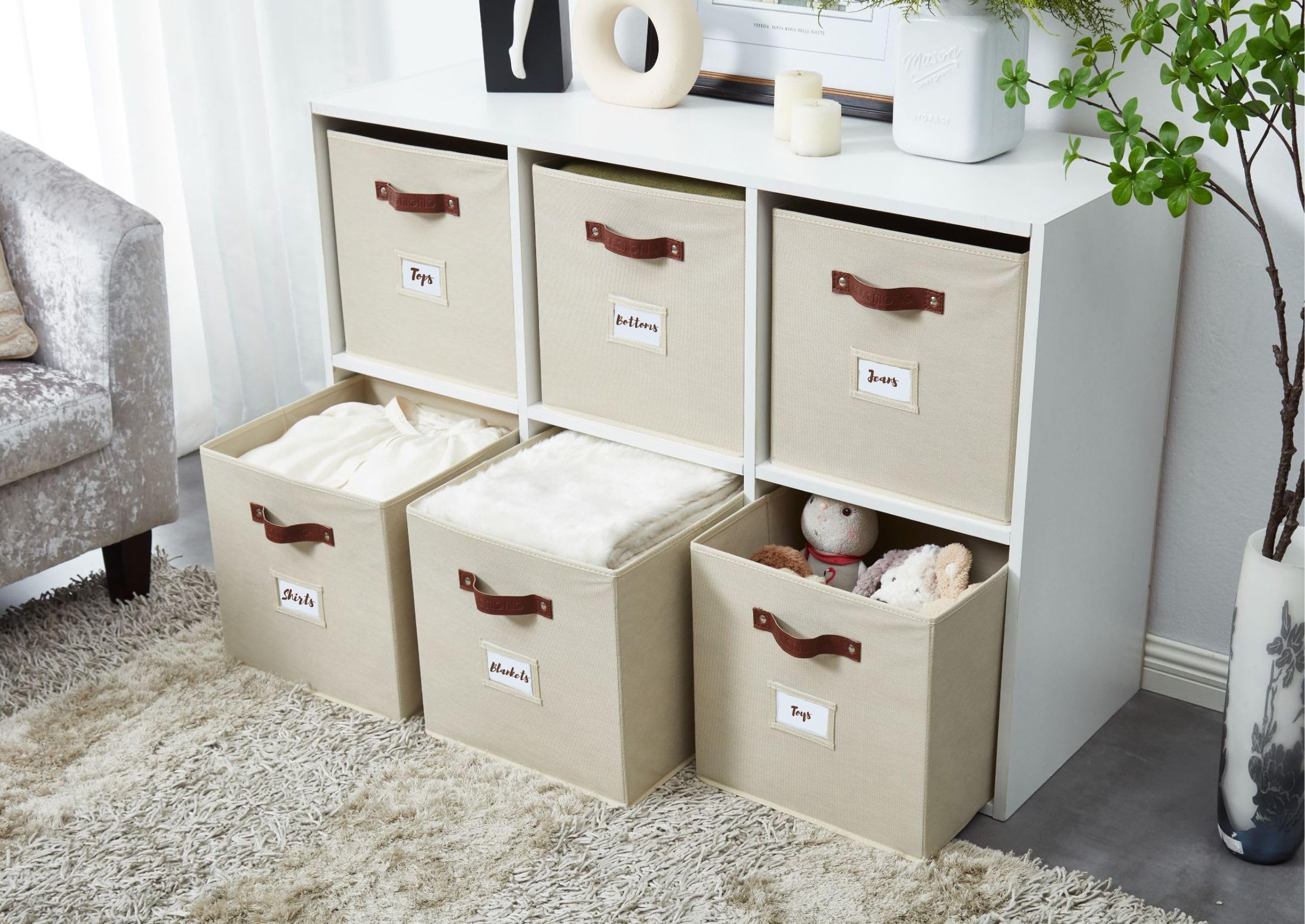 DECOMOMO Storage Bins | Cube Storage Bin with Label Holders, Fabric Storage Cubes for Organizing Shelves Closet Toy Clothes (10.5" x 11" / 6pcs, Beige)