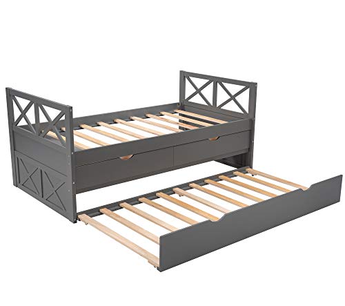 GLORHOME Twin Platform Bed,Multifunctional Wood Storage DayBed Sofa Bed Frame with Trundle and Two Drawers for Living Room Bedroom, Grey