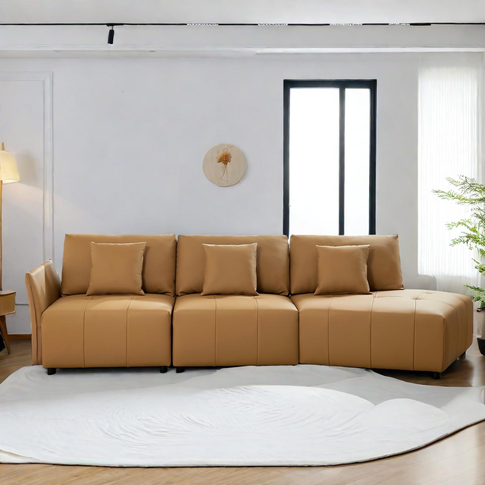 ChicFurnit Sectional Sofa, Couch with Three Movable Pillows & Positioned Armrests, Curved Real Leather 120" Upholstered Sofa with Sectional Chaise Lounge, Dark Yellow