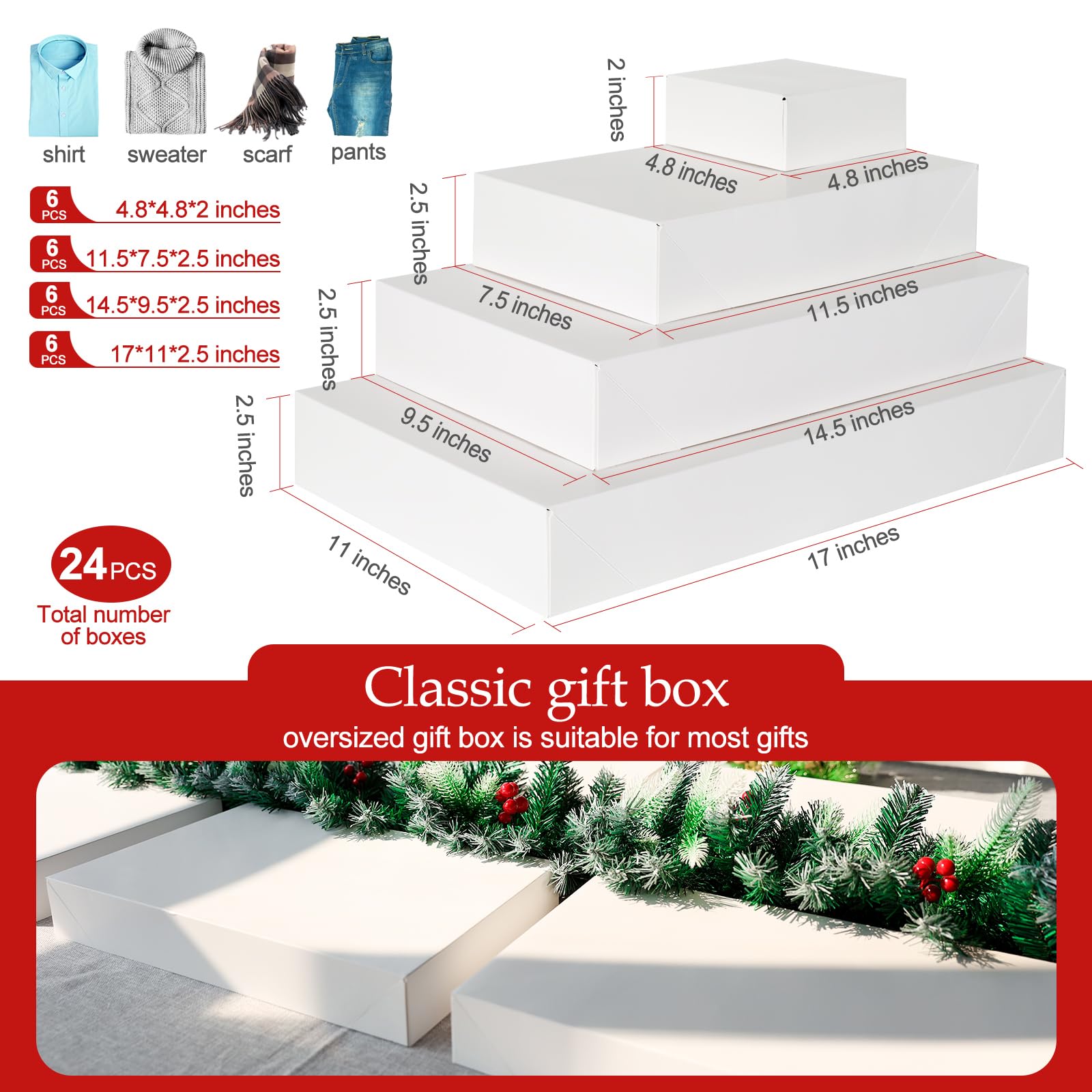 joyhalo 24 Pack Gift Boxes with Lids for Presents - White Small Large Chritsmas Gift Boxes Bulk for Clothes with Ribbon and Flowers, Assorted Sizes for Wrapping Gifts, Shirt, Gift Wrapping Supplies