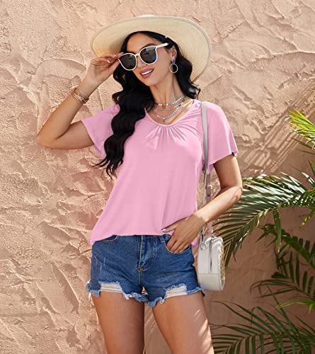 DB MOON Womens 2023 Summer Tops Casual Ruffle Short Sleeve T Shirts Shirred Crewneck Tunic Loose Fit Blouses XL, Pink