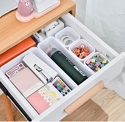Desk Drawer Organizer Tray Set, 6 Pieces Plastic Interlocking Organizer Bins for Divider and Storage Office Storage Bins Container for Kitchen Bathroom Makeup Office Vanity Bedroom Dresser White