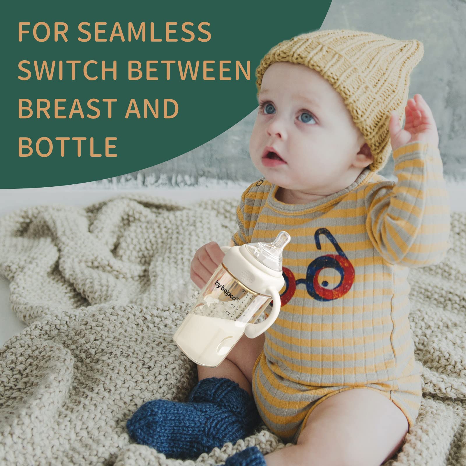 bybeleca PPSU Baby Bottle, Bottles for Newborn Babies with Medium Flow Cross-Cut Nipple, Anti Colic Bottles for Infant with Handles & Dust Cap & Flat lid, Milk Bottle for 6M+, 9oz./270ml, Beige