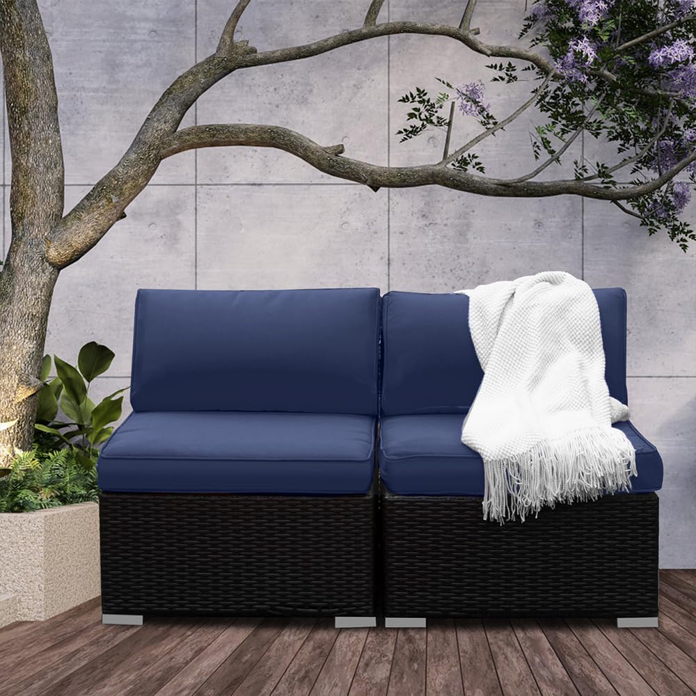 Excited Work 2 Piece Outdoor PE Wicker Rattan Patio Couch with Washable Cushion and 2 Pillow,Sectional Furniture Conversation Set(Dark Blue)