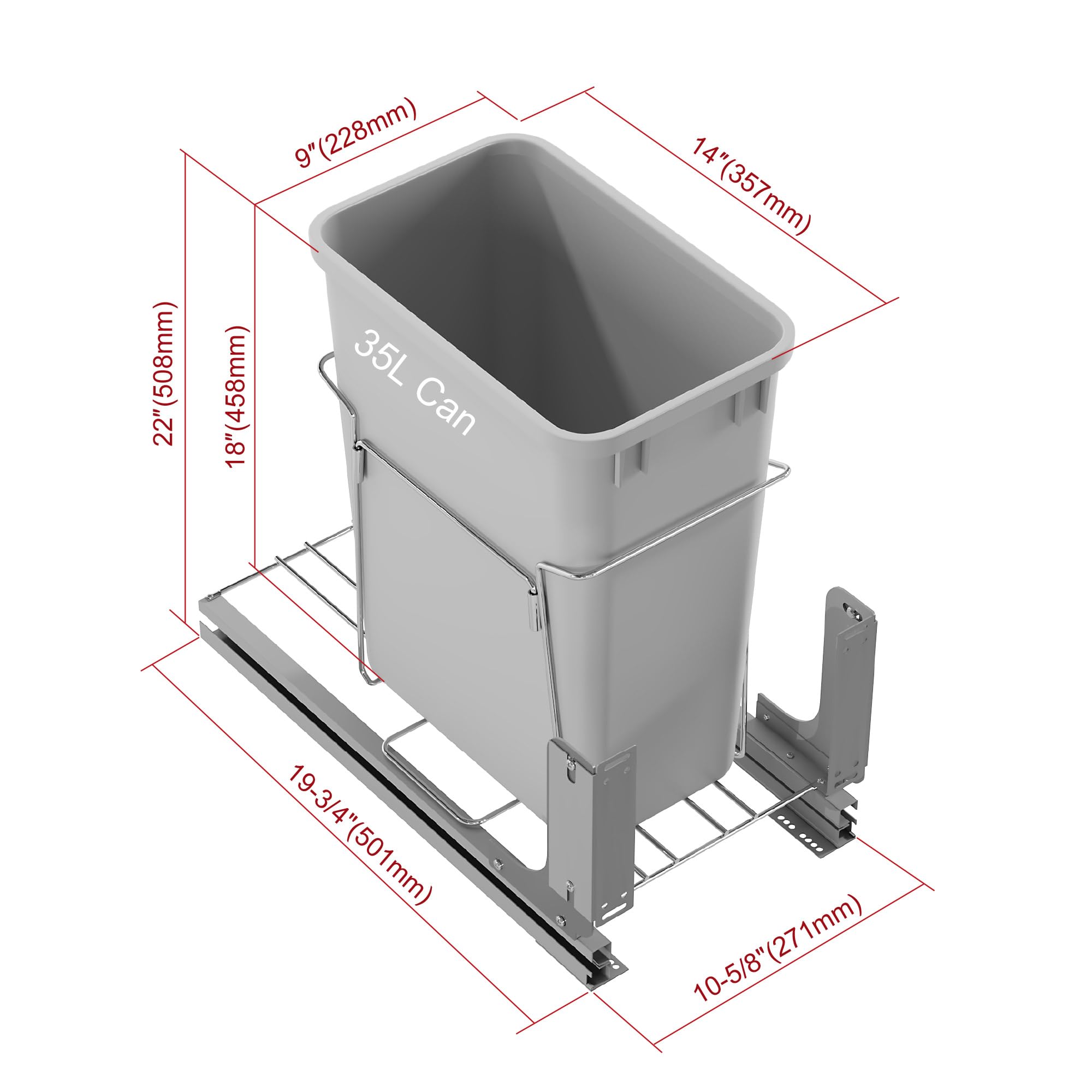 Dowell Alu Bottom Mount Pull- Out Waste Container W/Door Mounting Kit - Single Grey Recycling Bin- for Both 15β Frameless & Face Framed Cabinet -4012 0115 35