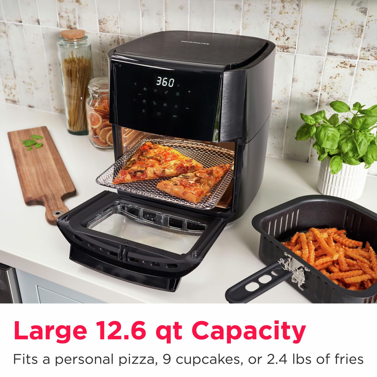 Frigidaire 5 in 1 Large Air Fryer Toaster Oven Combo - 12.6 Qt Total Capacity, 3.7 Qt Basket - 7 Preprogrammed Recipes, Airfryer Accessories Included, Black