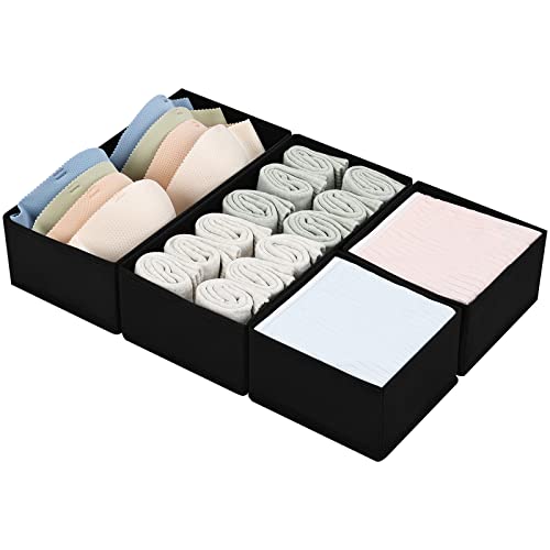 DIMJ Drawer Organizers, Set of 4 Clothes Drawer Organizer, Foldable Closet Drawer Organizer, Dresser Drawer Organizers Dividers for Baby Clothes, Socks, Belt, Tie (Black)