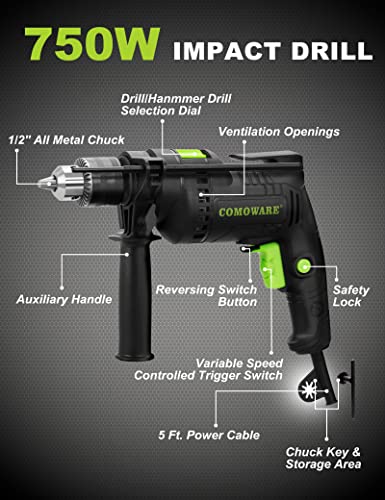 COMOWARE Hammer Drills for Concrete, 1/2 In. Corded Drill, Hammer Drill, Variable Speed 0-3000RPM, Max 48000BPM, Hammer & Drill 2-in-1 Concrete Drill, 6.5 Amp Power Hammer Drills with 10 Masonry Bits