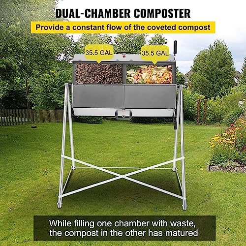 Compost Bin Stainless Steel Dual-Chamber Garden Composter 33/71/106 Gallons Capacity Composting Trash Can for Kitchen Yard (Color : 125L, Size : 1)