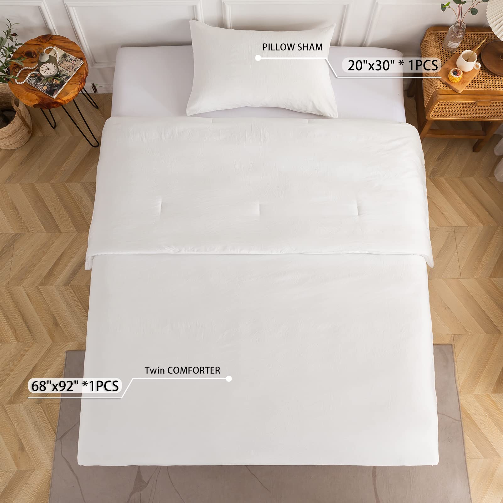 COTTEBED White Twin Bed Comforter Set - XL Twin Bedding Size Down Comforter with Pillow Sham Super Soft Fluffy Comfortable PolyCotton for Kids College Dorm Boys Girls School All Season Use Twin/TwinXL