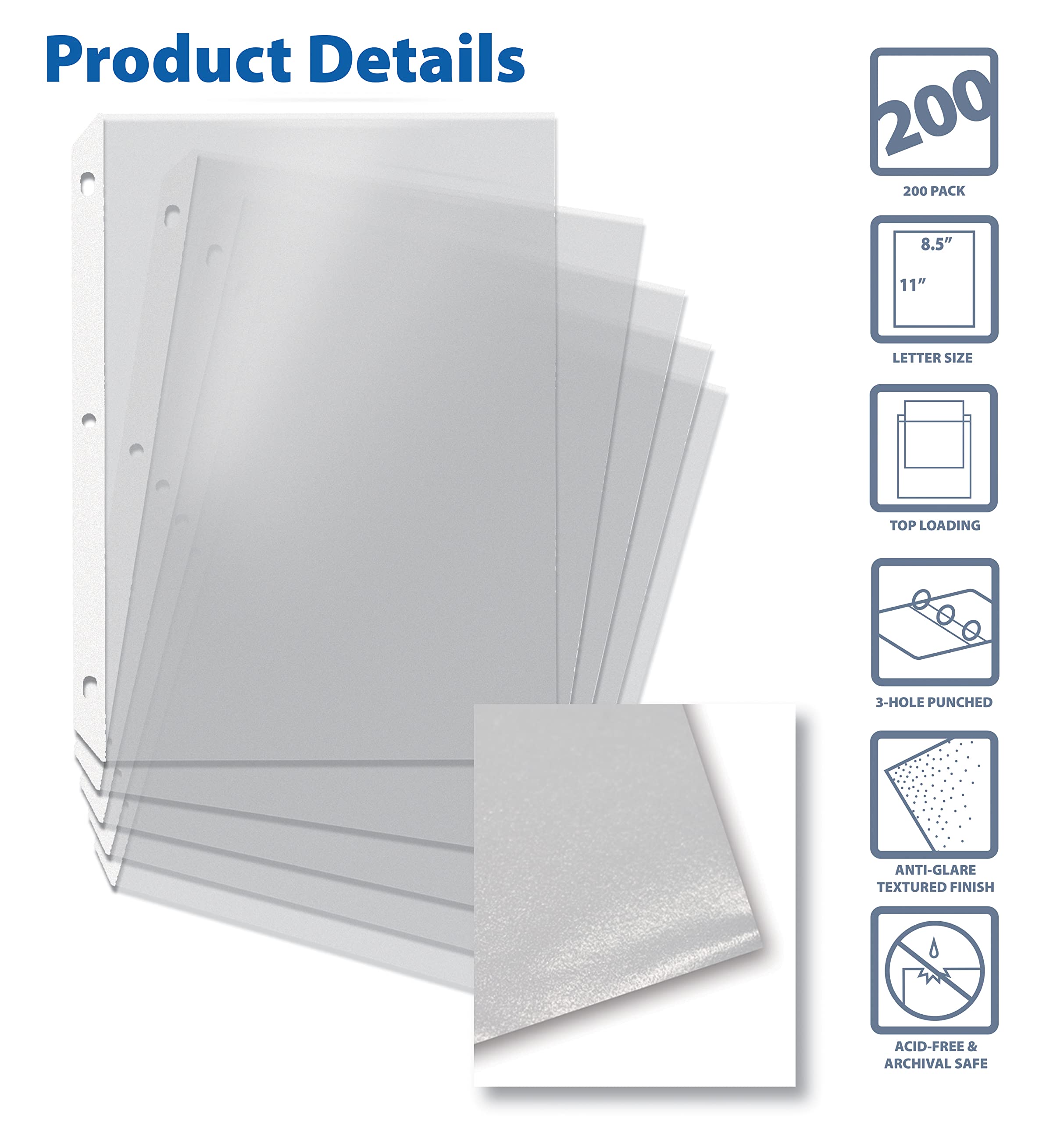 Better Office Products 200 Count Textured Sheet Protectors, 8.5 x 11", Textured for Added Anti Glare, Extra Privacy, and Easier Handling, Top Load, 200 Pack