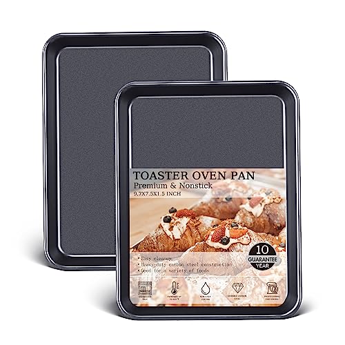HONGBAKE Toaster Oven Pans for Baking, Nonstick 1/8 Cookie Sheet Pan Set, Small Baking Tray, 9.7X7.5", Dishwasher Safe and Heavy Duty, 2 Pack - Black