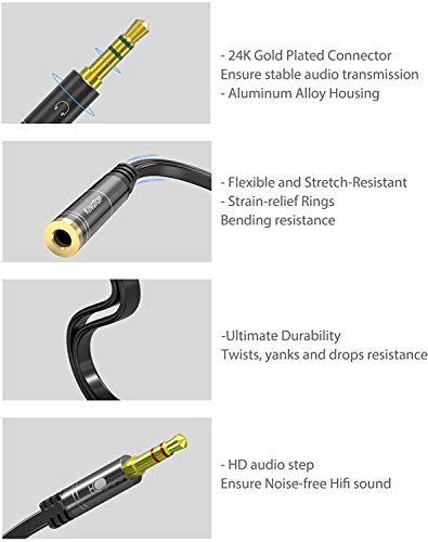 KINGTOP Headset Splitter Cable 3.5mm Female to 2 Male for PC Computer and Old Version Laptop