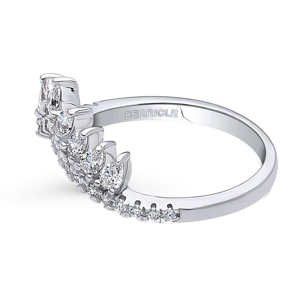 BERRICLE Sterling Silver Wishbone Wedding Rings Cubic Zirconia CZ Crown Anniversary Curved Half Eternity Ring for Women, Rhodium Plated Size 6.5