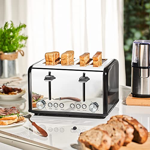 REDMOND Toaster 4 Slice Stainless Steel, Wide Slots 4 Slice Toaster with Bagel Defrost Cancel Function 6 Bread Shade Settings for Bread waffles Auto Shutoff Black