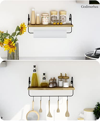 Godimerhea Floating Shelves with Hooks, Set of 2 Rustic Wall Mounted Wooden Decorative Storage Shelves with Towel Rack for Coffee Bar, Kitchen, Living Room(Brown)