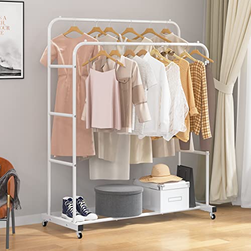 Laiensia Double Rod Garment Rack,Portable Rolling Clothes rack on Wheels,for Hanging Clothes,White