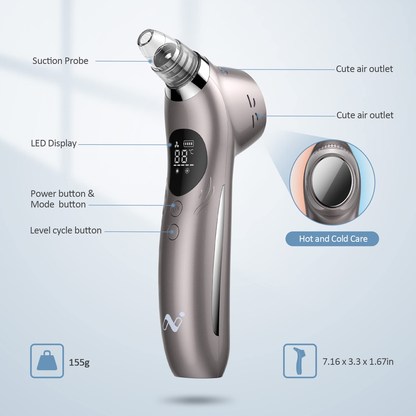 Blackhead Remover Pore Vacuum, Electric Pore Extractor with Hot & Cold Compress, 68kPa Facial Acne Comedone Whitehead Black Head Cleaning Tool Kit, 5 Suction Probes, USB Rechargeable Acne Cleaner