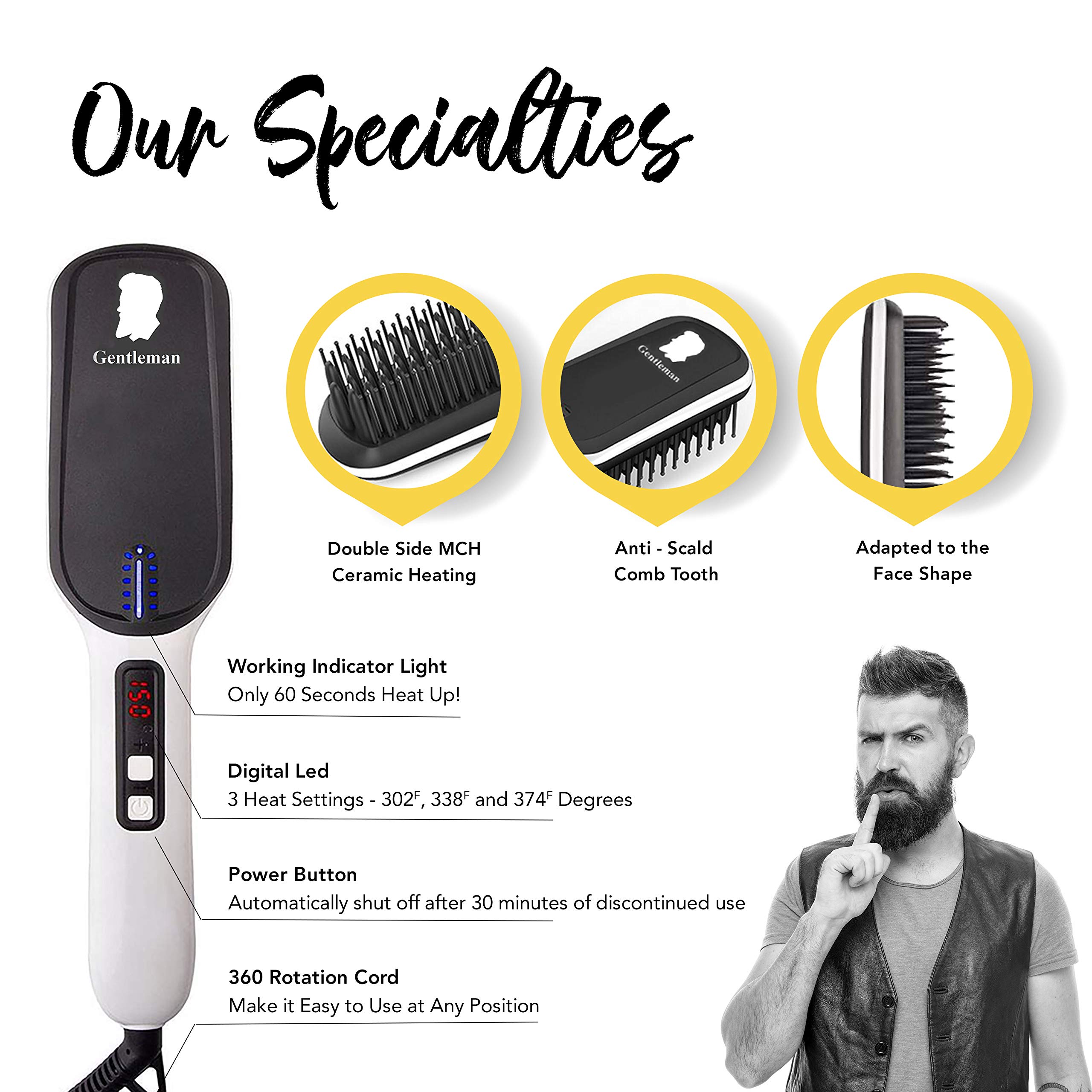 Beard Straightener Brush - Ceramic Heat w/ Anti-Scald and Automatic Shut-Off Safety Features, 3-Temp Settings, LED Display - Straightening Brush w/ Ionic Conditioning for Smooth and Sleek Hair